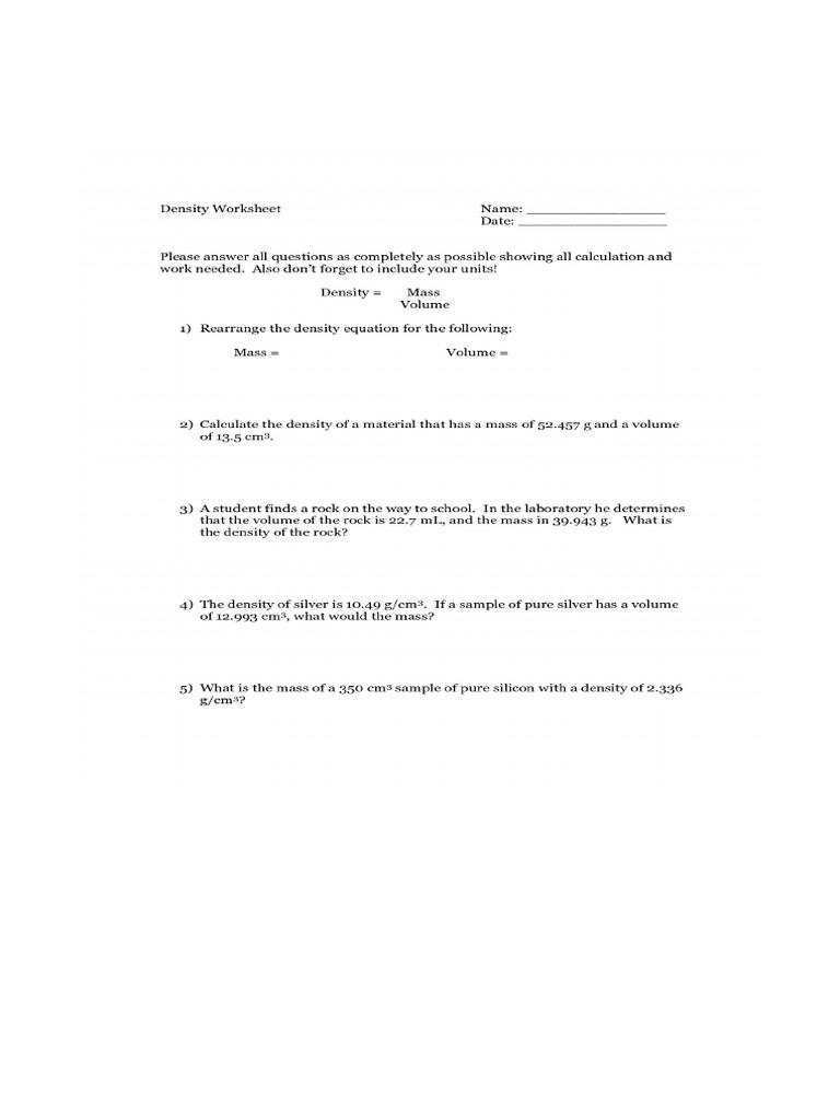 6th Grade Calculating Density Worksheet - 266694.png | PDF