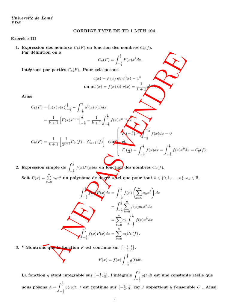 Corrige Type de TD - N1 - MTH104 | PDF