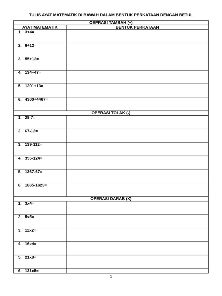 Tulis Ayat Matematik Di Bawah Dalam Bentuk Perkataan Dengan Betul | PDF