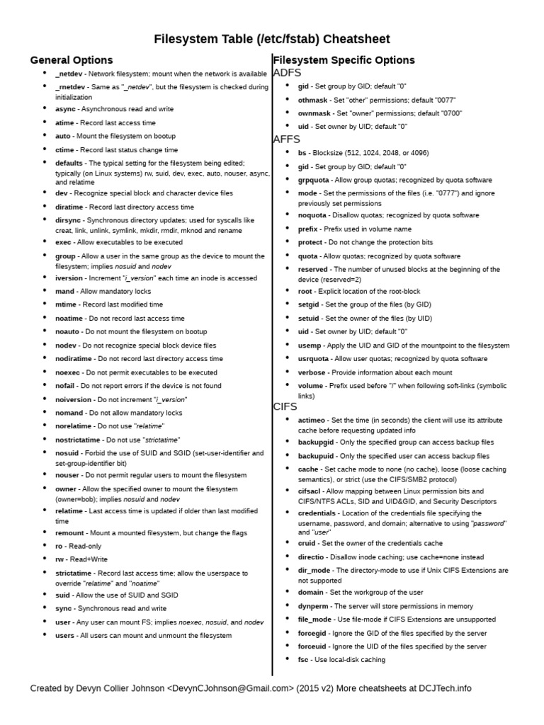 Filesystem Table Etc Fstab Cheatsheet | PDF