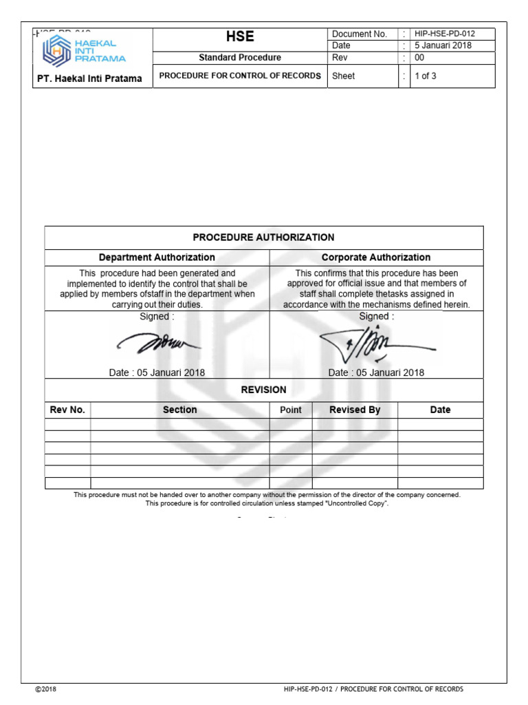 HIP-HSE-PD-012 Procedure for Control of the Records | PDF
