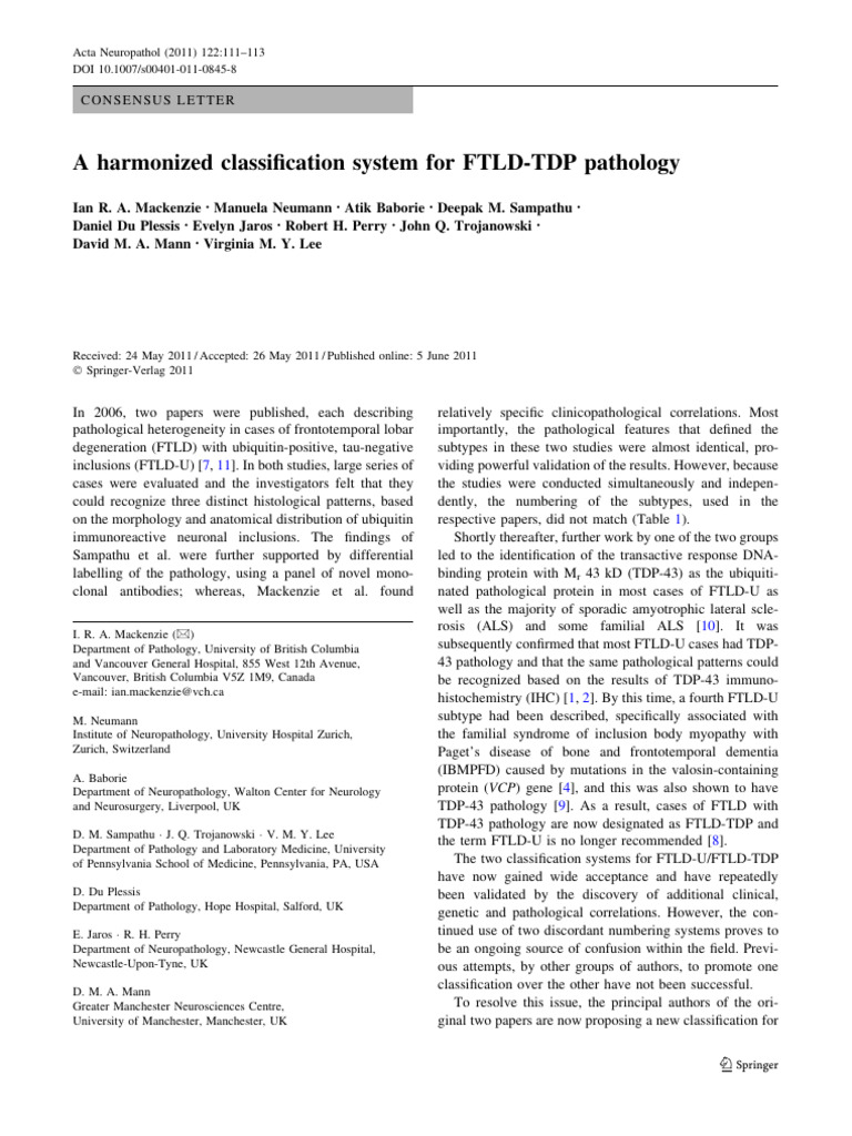 A Harmonized Classification System For FTLD-TDP Pathology | PDF