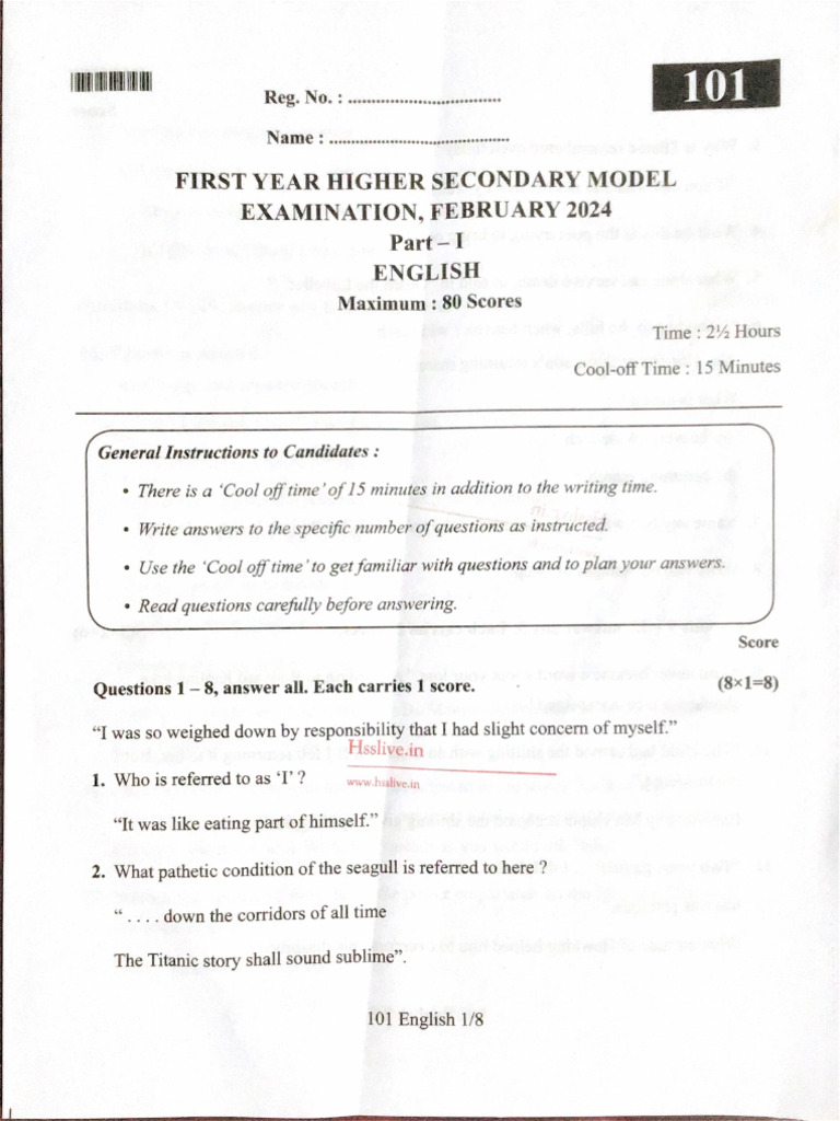 Hsslive Xi English Model 2024 | PDF