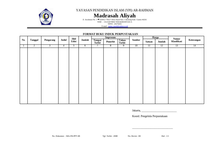 Contoh Format Buku Induk Perpustakaan - Administrasi Perpustakaan SMP | PDF