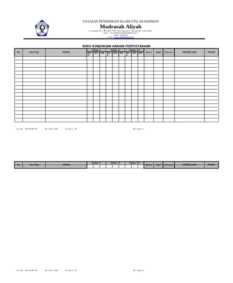 Contoh Format Buku Kunjungan Harian Perpustakaan - Administrasi ...