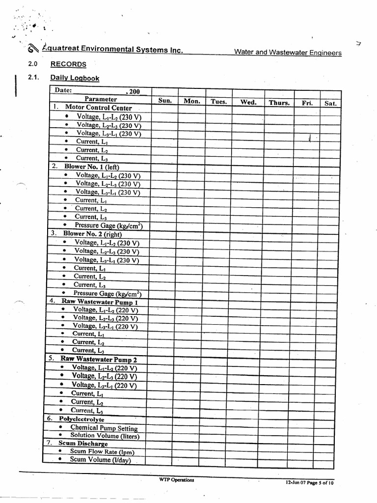 Daily Logbook Wastewater | PDF