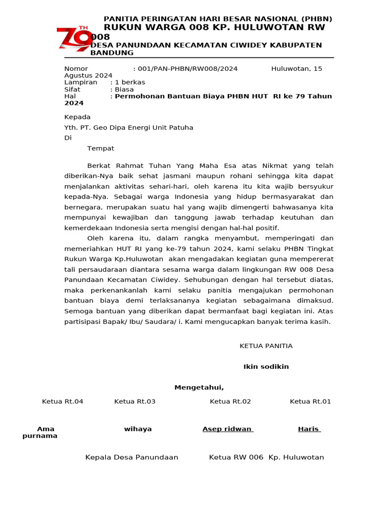 Contoh Proposal PHBN HUT RI Ke 79 TH 2024 RW. | PDF