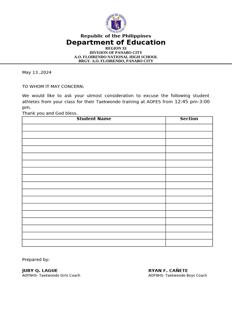 TKD Excuse Letter | PDF