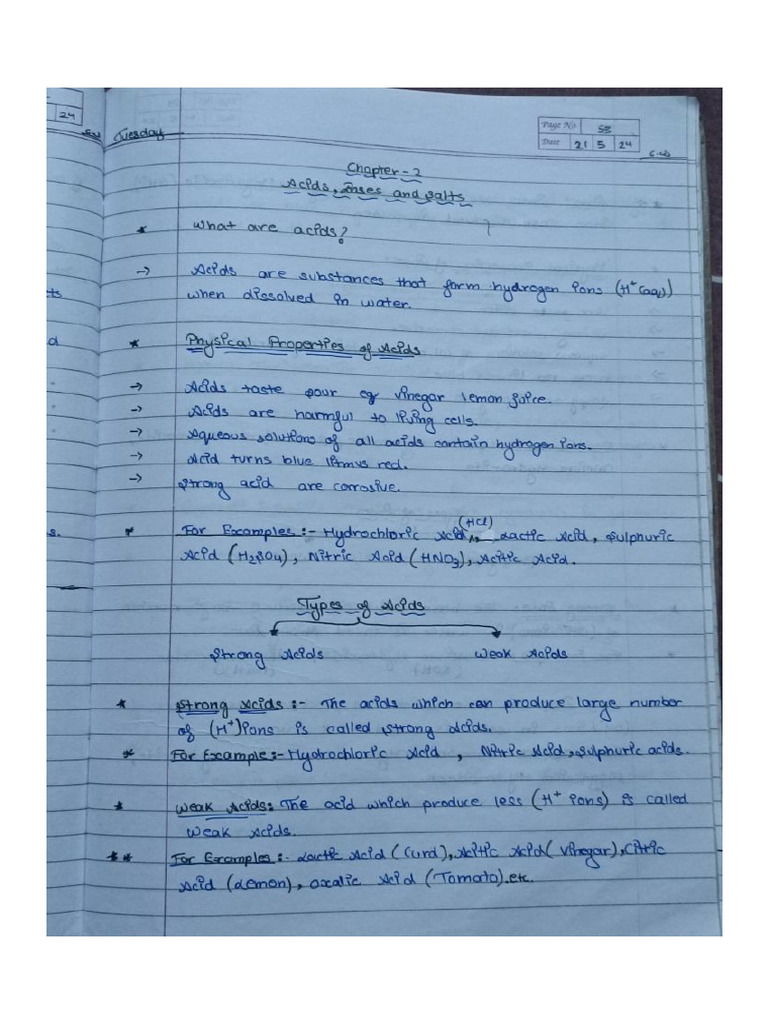 Class 10 CBSE Ch-2 Acids, Bases and Salts Handwritten Notes Free ...