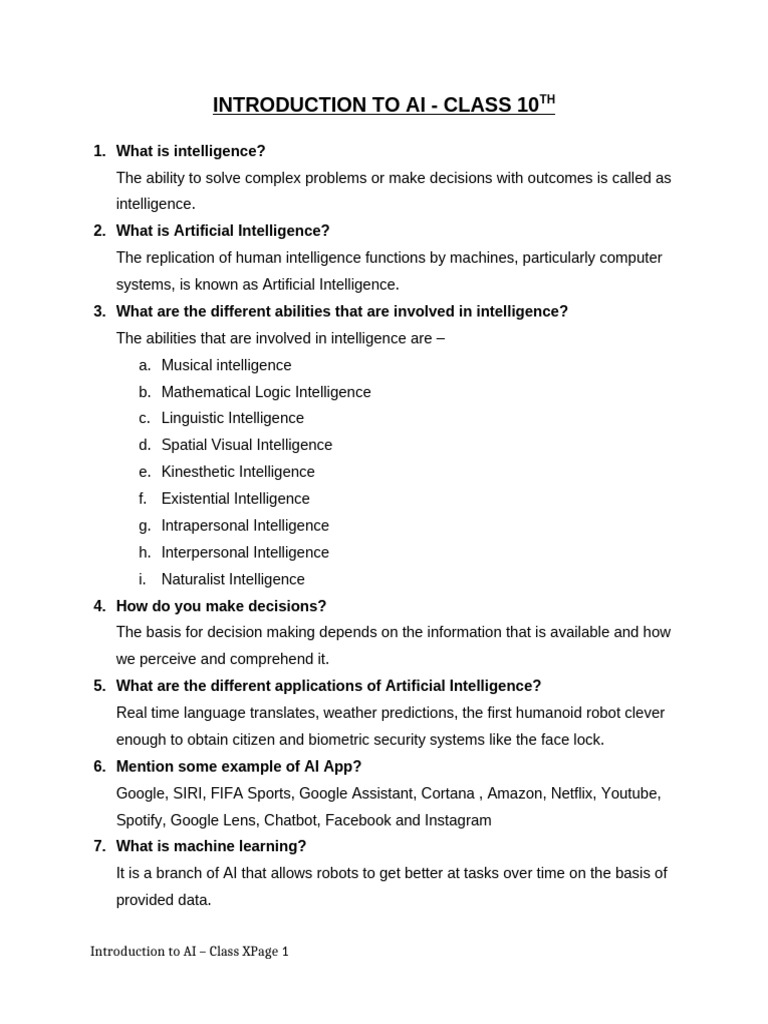 Introduction To AI Class 10 CBSE Important Questions With Answers | PDF