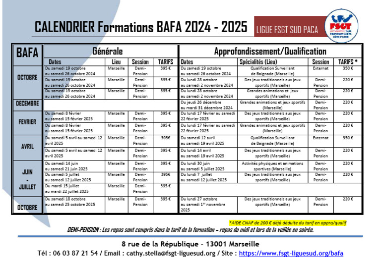 Calendrier Bafa - FSGT Paca 2024-2025 | PDF