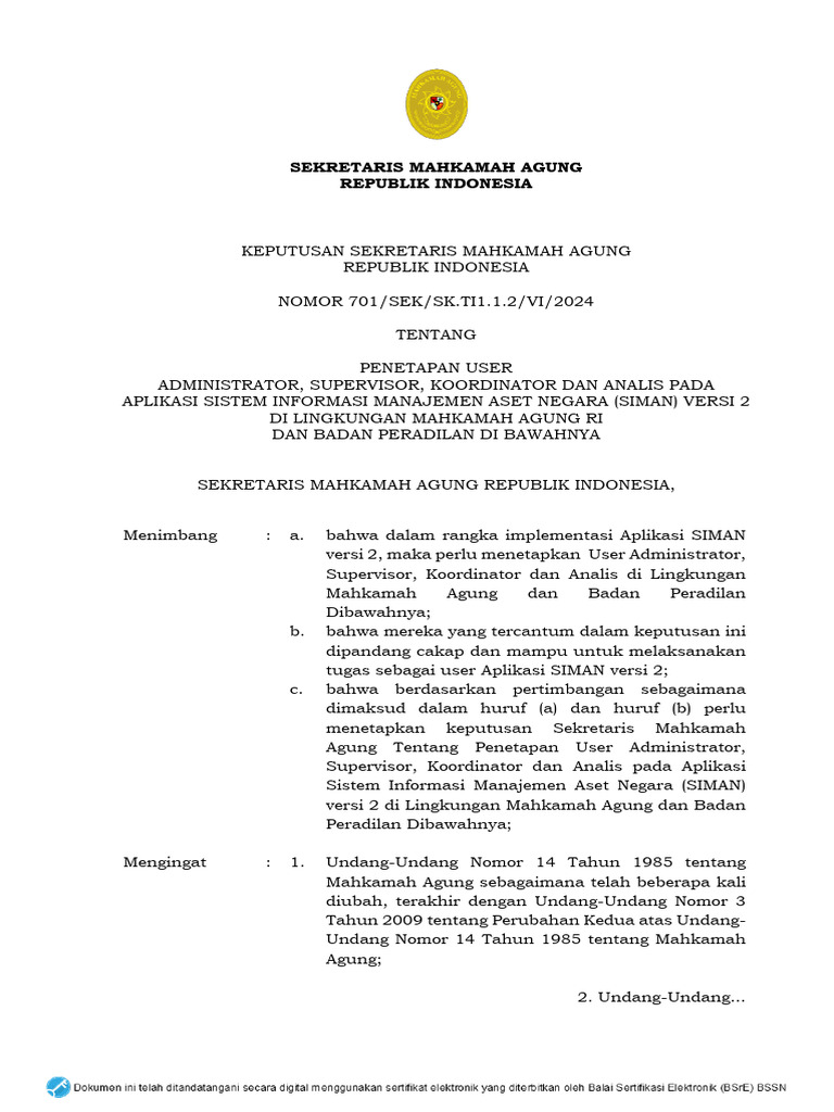SK Sekma Tentang Penetapan User Aplikasi SIMAN | PDF
