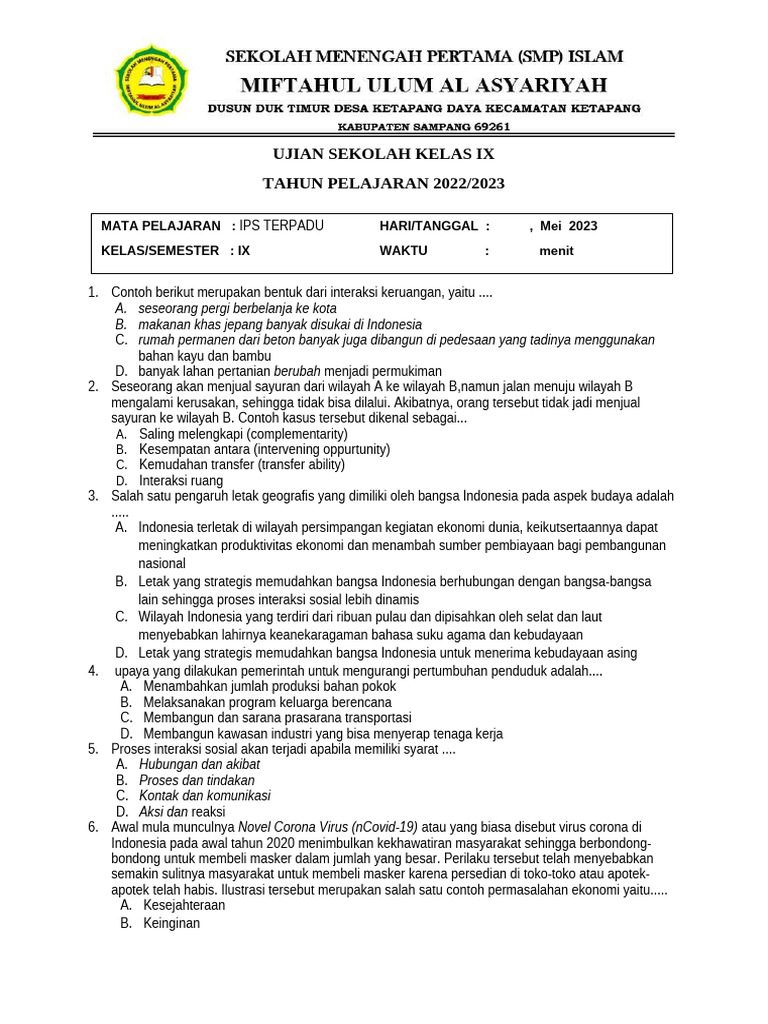 SOAL US IPS 2023 | PDF