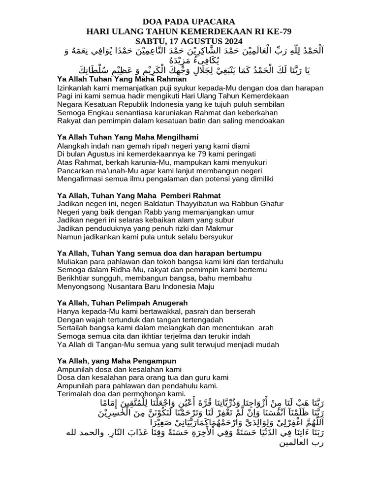 Doa Upacara 17 Agustus 2024 Satkerpdf | PDF