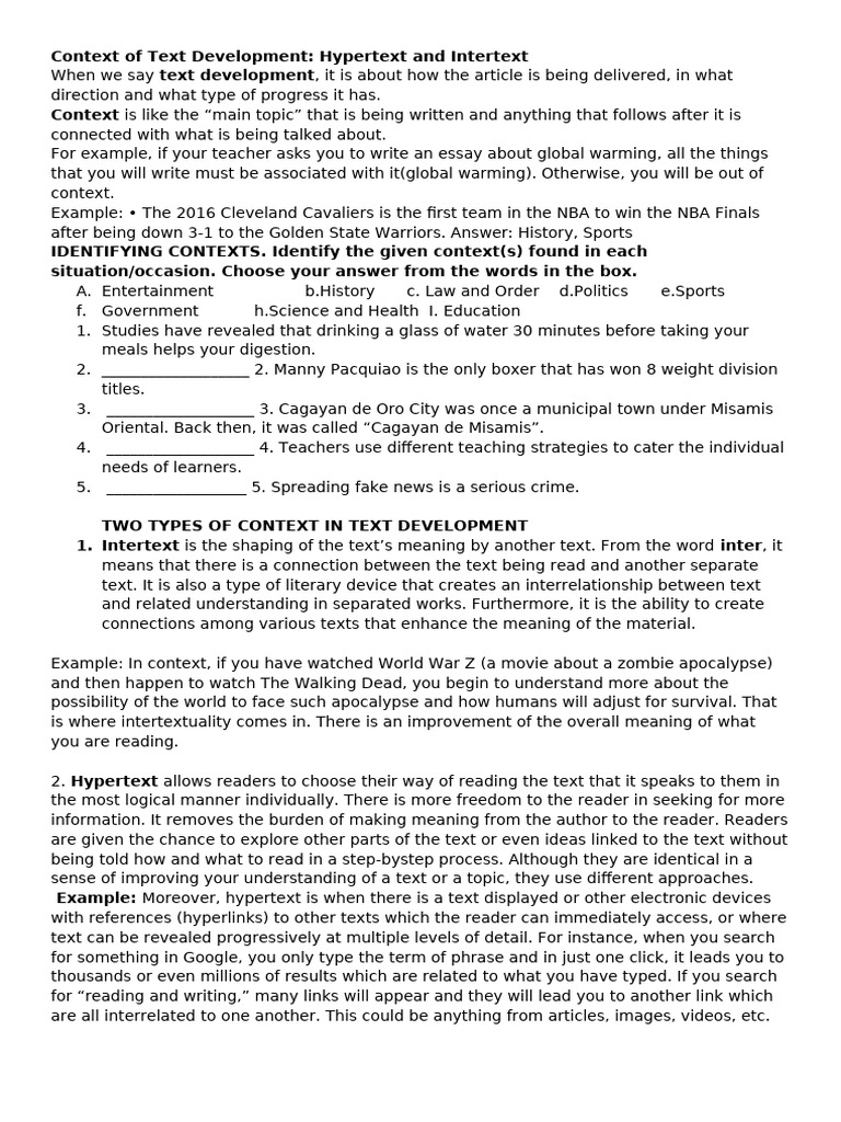Context of Text Development Reading and Writing | PDF