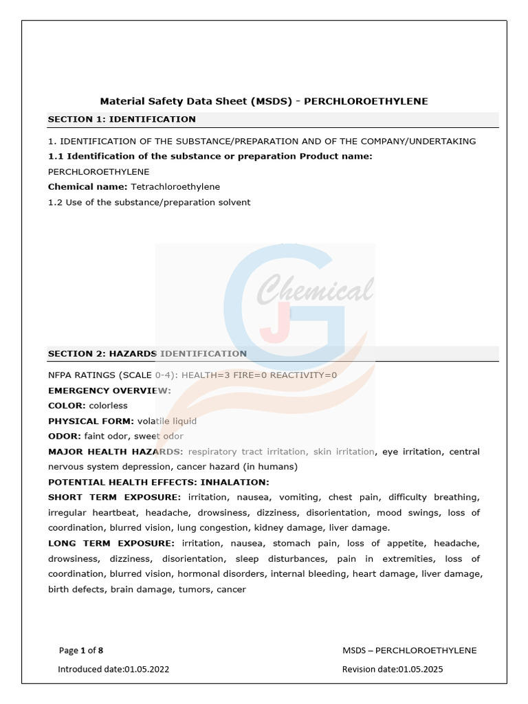 MSDS Perchloroethylene | PDF
