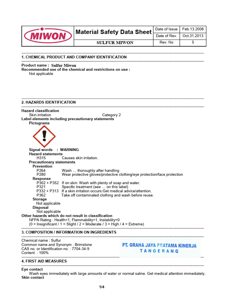 MSDS Sulfur Miwon | PDF