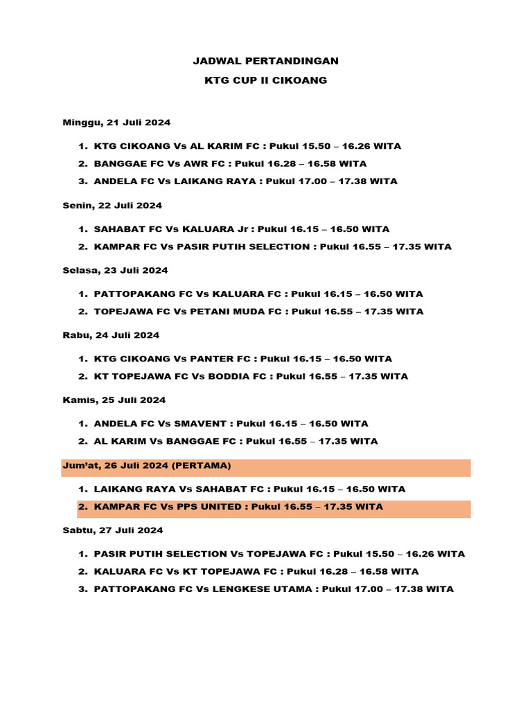 Jadwal Pertandingan KTG Cup | PDF