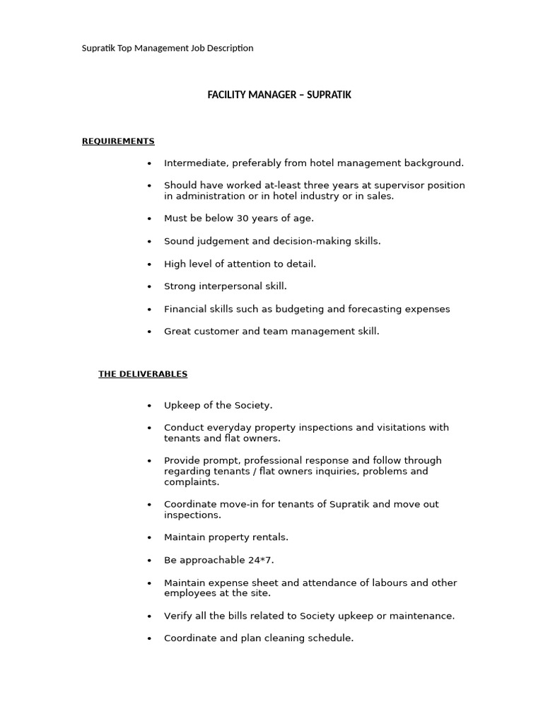 Facility Manager Job Description | PDF