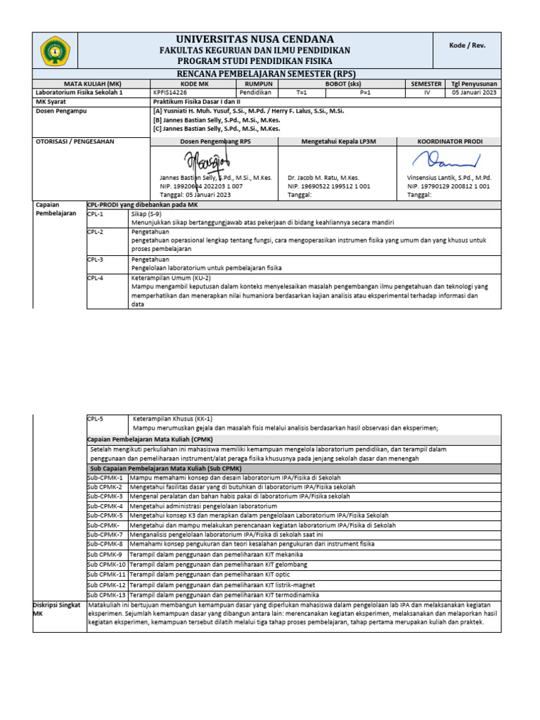 RPS Lab Fisika Sekolah | PDF