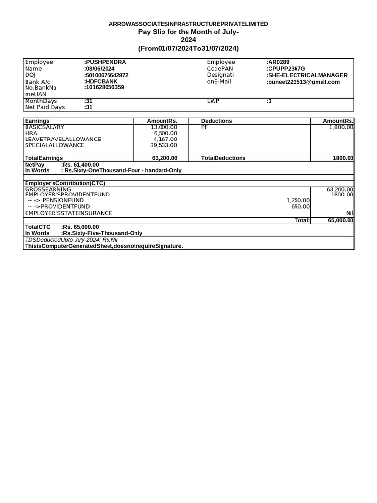 Pushpendra Salary Slip - 240812 - 140055 | PDF | Finance & Money Management