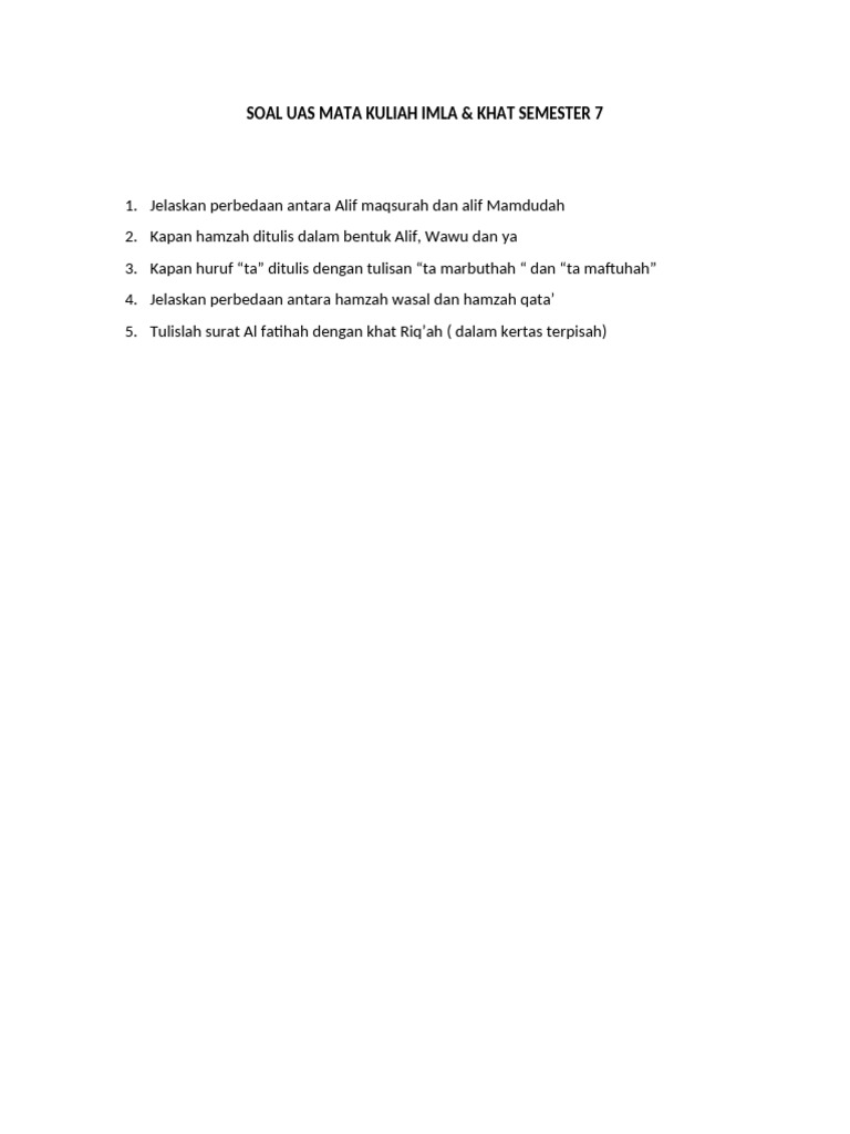 Soal Uas Mata Kuliah Imla & Khat Semester 7 | PDF