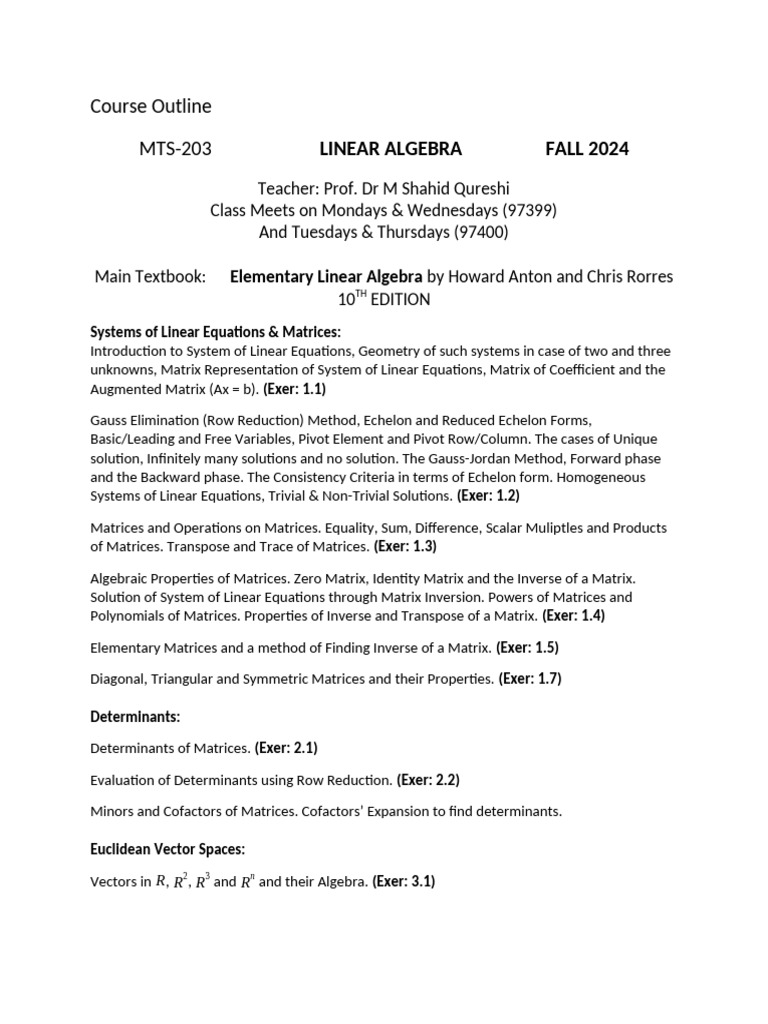 LINEAR ALGEBRA CourseOutline2 | PDF