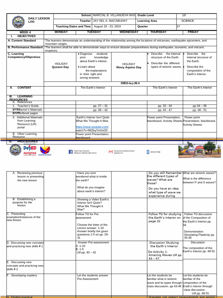 Q1 Science 10 DLL-Week 4 2024 | PDF | Seismology | Earthquakes