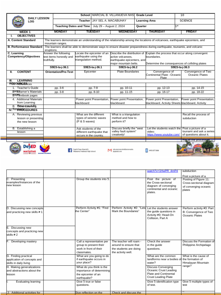 Q1 Science 10 DLL Week 1 | PDF | Geology | Geophysics