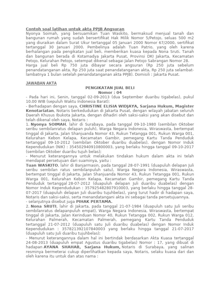 Contoh Soal Latihan Untuk Akta PPJB Angsuran | PDF