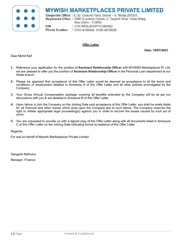 Offer Letter of Wishfin Company | PDF