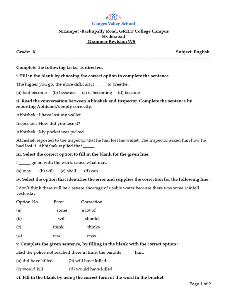 Grammar Revision WS - 1 | PDF