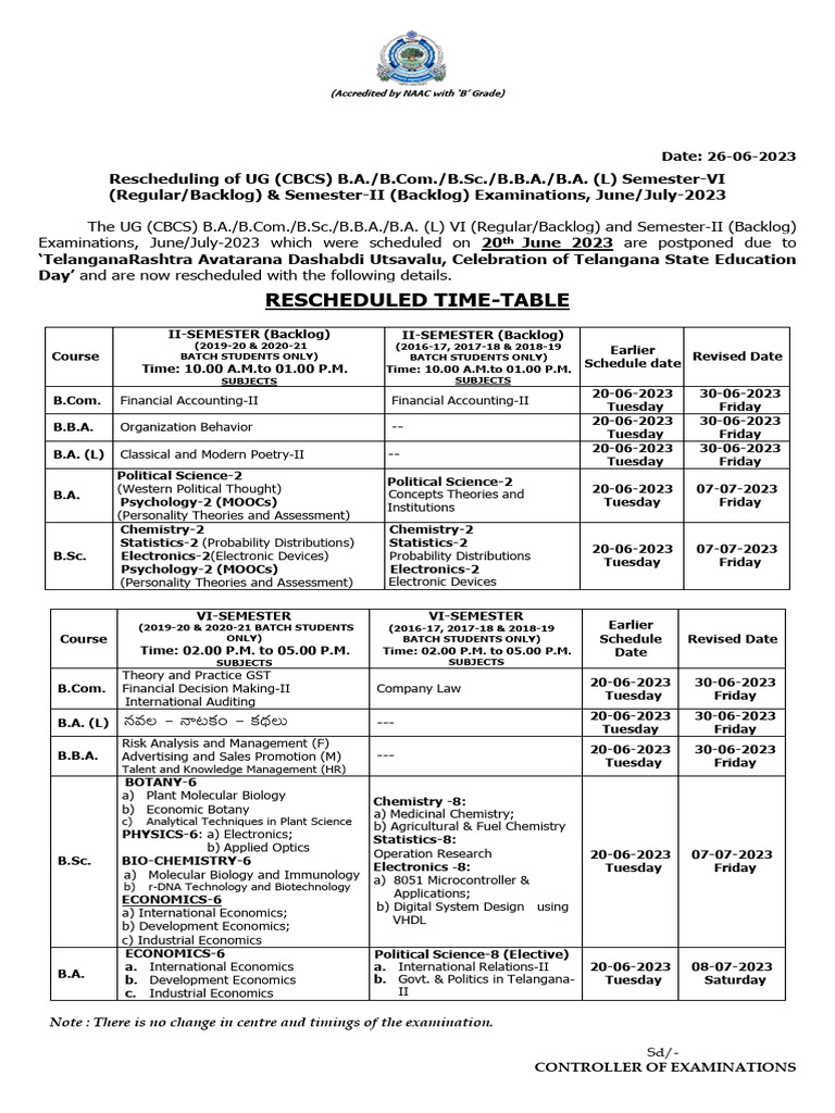 Revised Time Table June 2023 | PDF