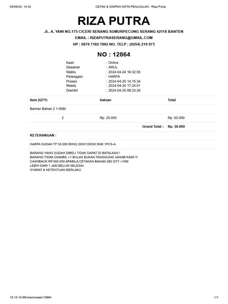 CETAK & SIMPAN NOTA PENJUALAN Spanduk Ngabaca - Riza Putra | PDF