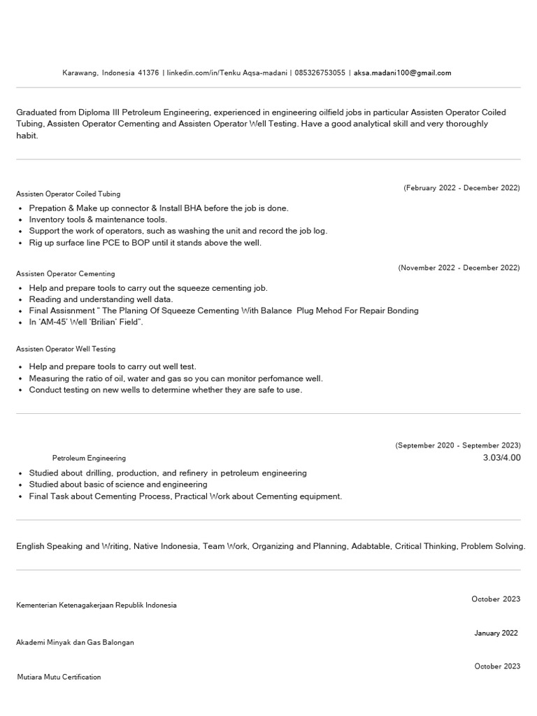 Resume Tenku Aqsa Madani | PDF Resume Tenku Aqsa Madani | PDF