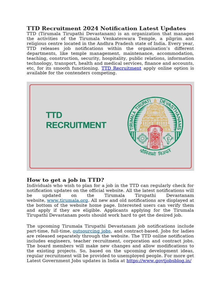 TTD Recruitment 2024: Job Notifications | PDF | Career & Growth