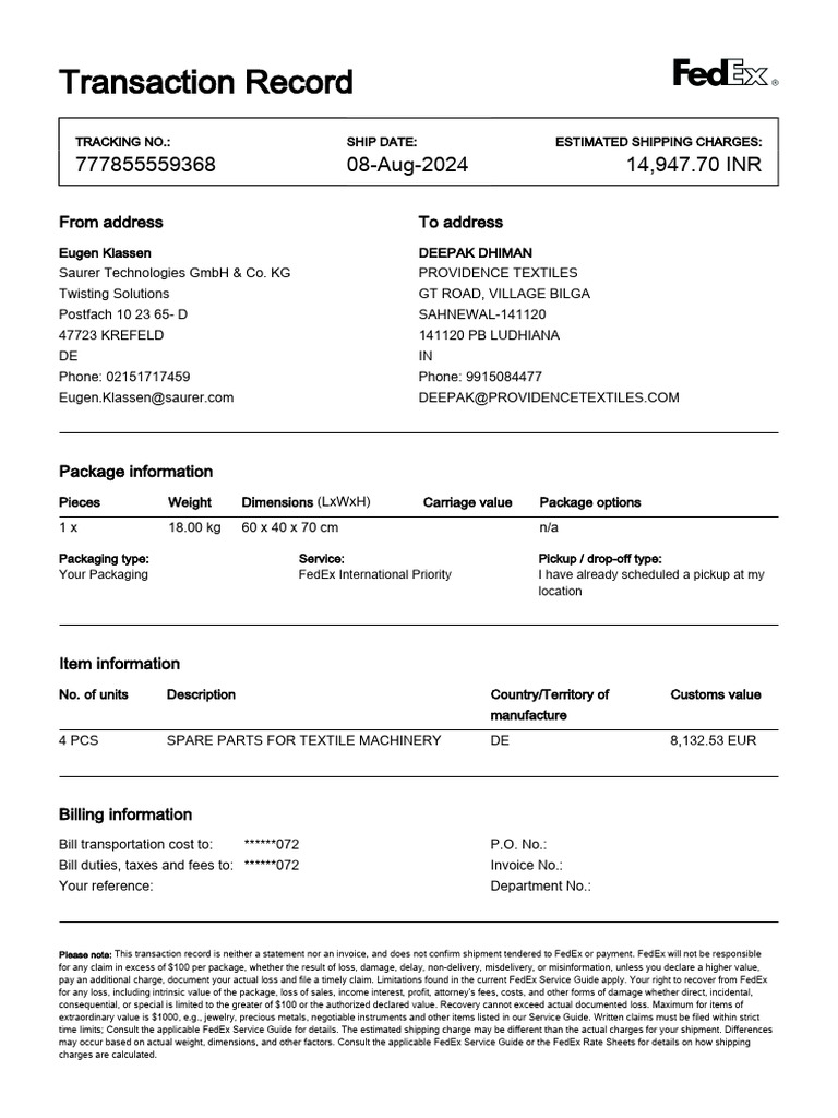 FedEx Transaction Record | PDF