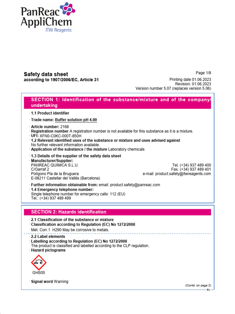 MSDS - Buffer Solution PH 4 - Panreac | PDF