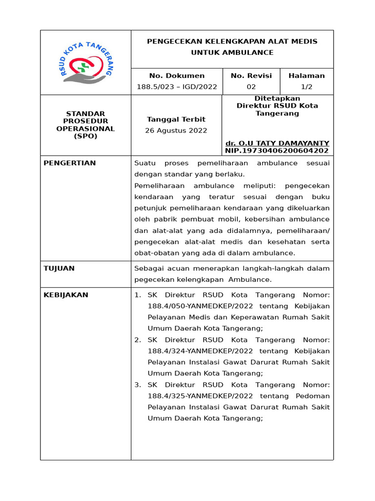 23.SPO Pengecekan Kelengkapan ALAT MEDIS Ambulance | PDF
