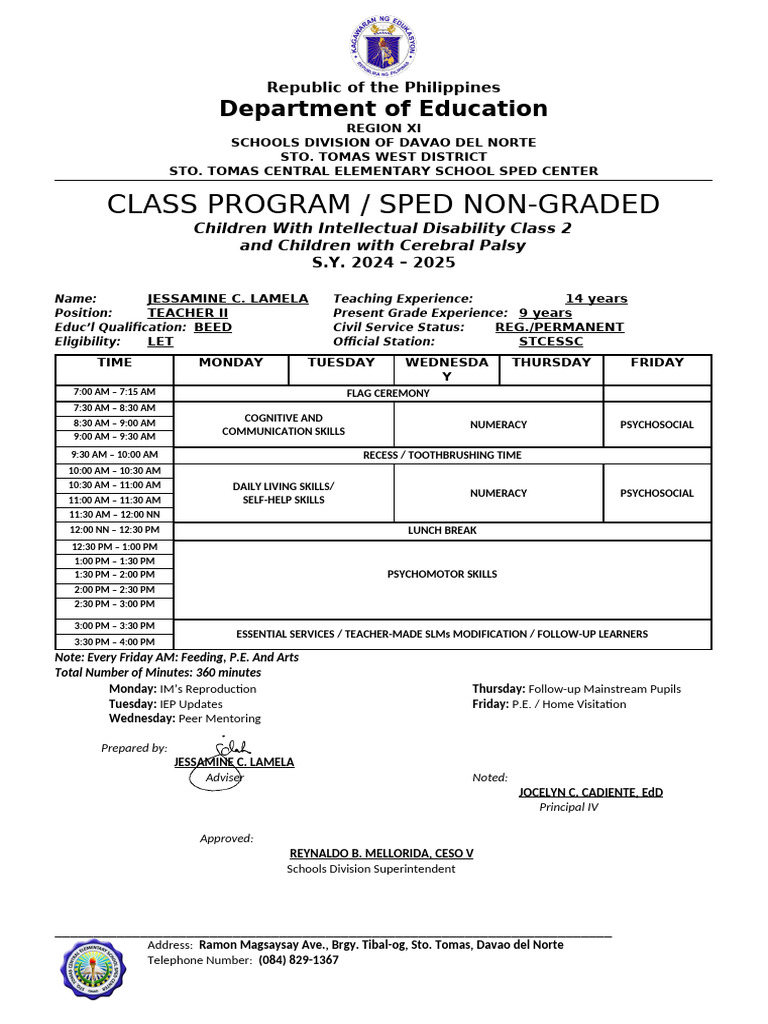 SPED Class Schedule 2024-2025 | PDF | Learning | Behavior Modification