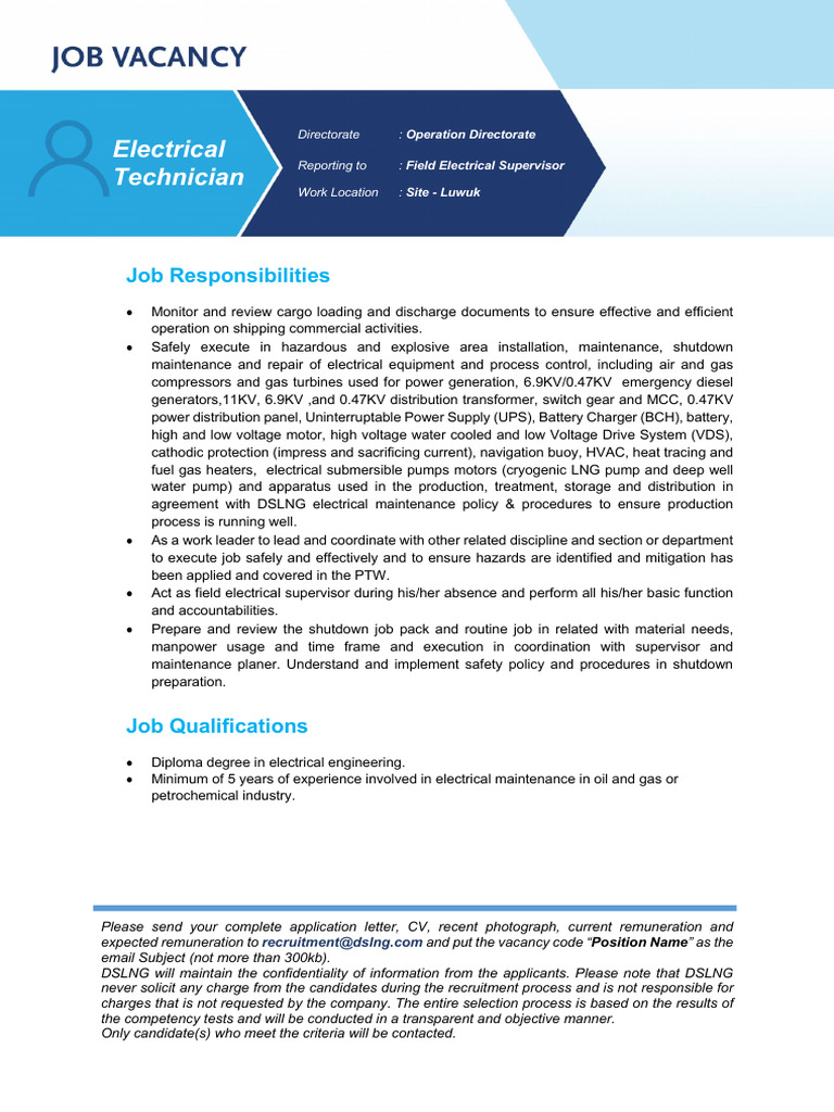 FA - Job Vacancy 2023 - Electrical Technician - ENG | PDF