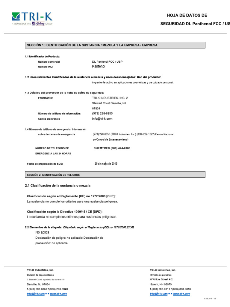 DL Panthenol - CLP SDS - V5.en - Es | PDF