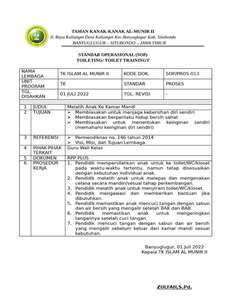 Sop Paud - Toileting (Melatih Anak Ke Toilet) | PDF