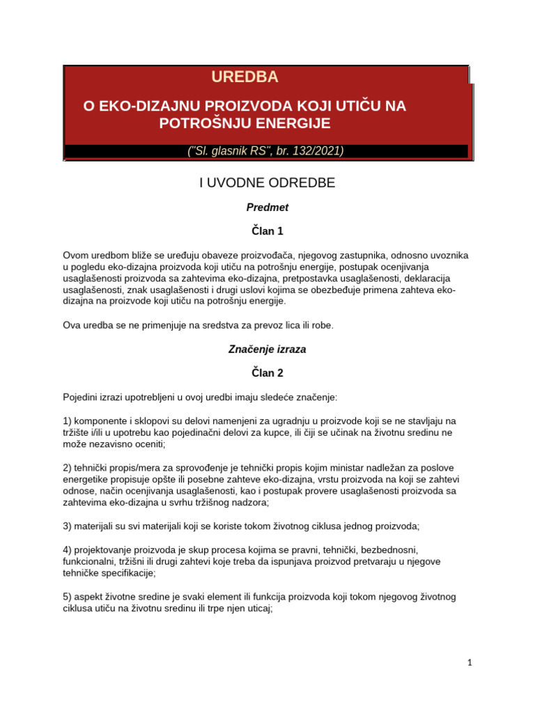 Uredba o Eko-Dizajnu Proizvoda Koji Utiču Na Potrošnju Energije | PDF