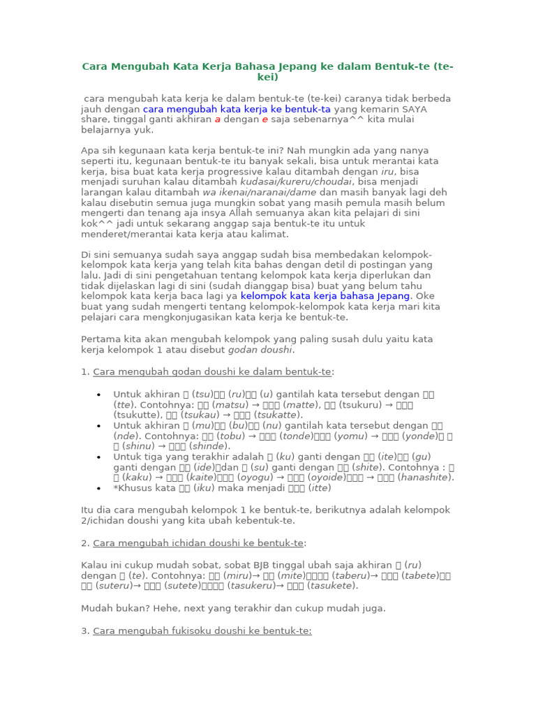 Kata Kerja Bentuk Sambung (Bentuk-Te) | PDF