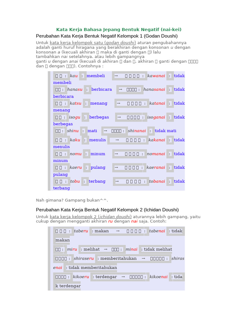Kata Kerja Bentuk Negatif | PDF