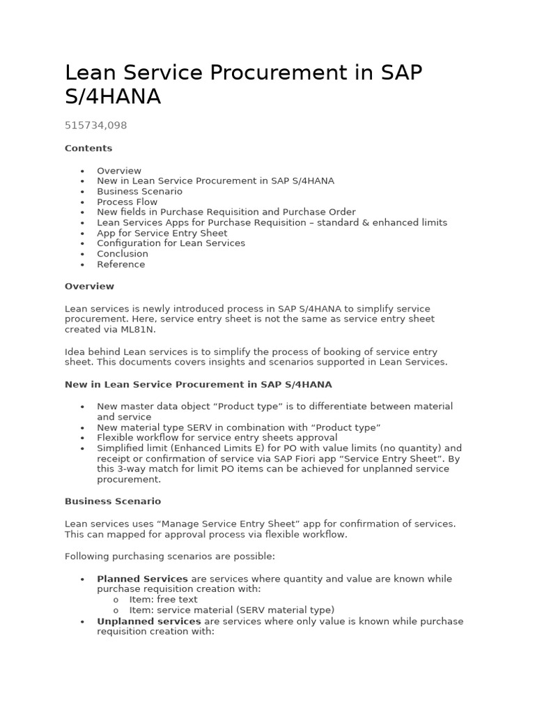 Lean Service Procurement in SAP S4HANA | PDF | Business | Computing
