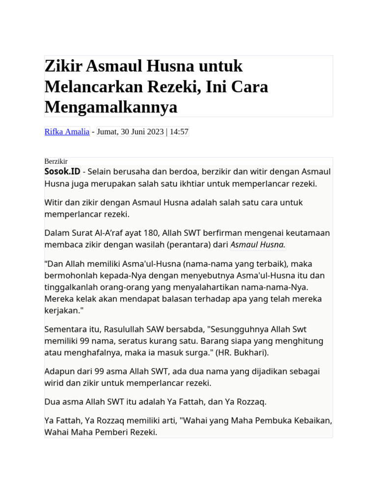 Zikir Asmaul Husna Untuk Melancarkan Rezeki | PDF