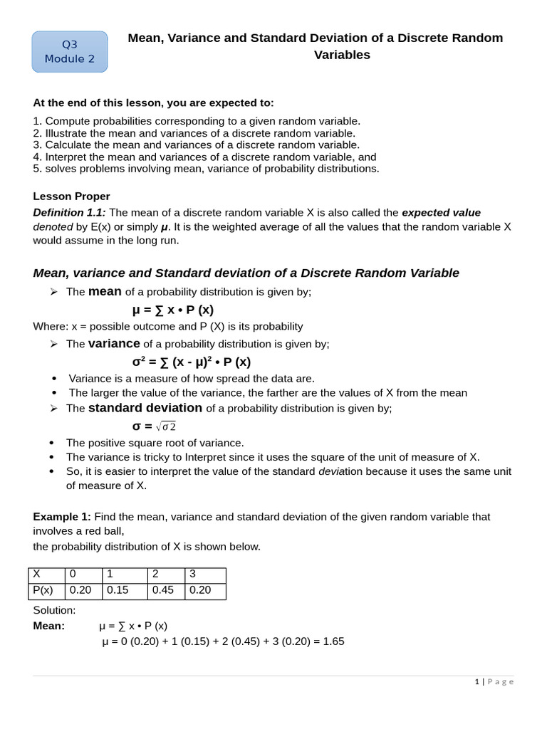 Mean and Variances of Discrete RV | PDF