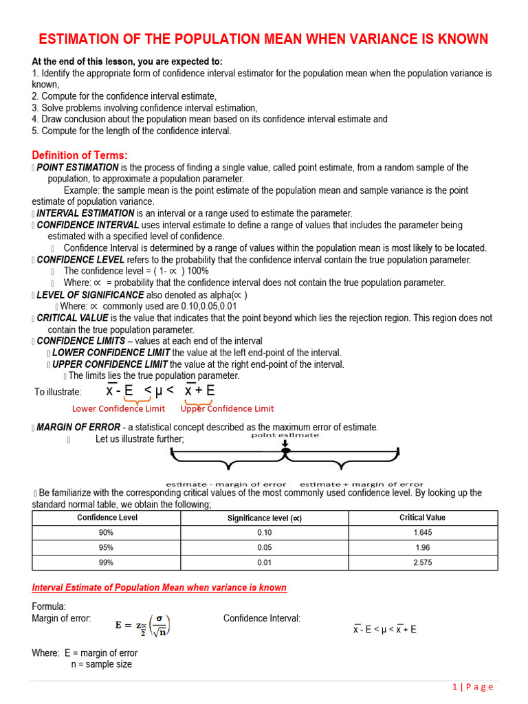 Estimation Of The Population Mean When Variance Is Known And Unknown Pdf